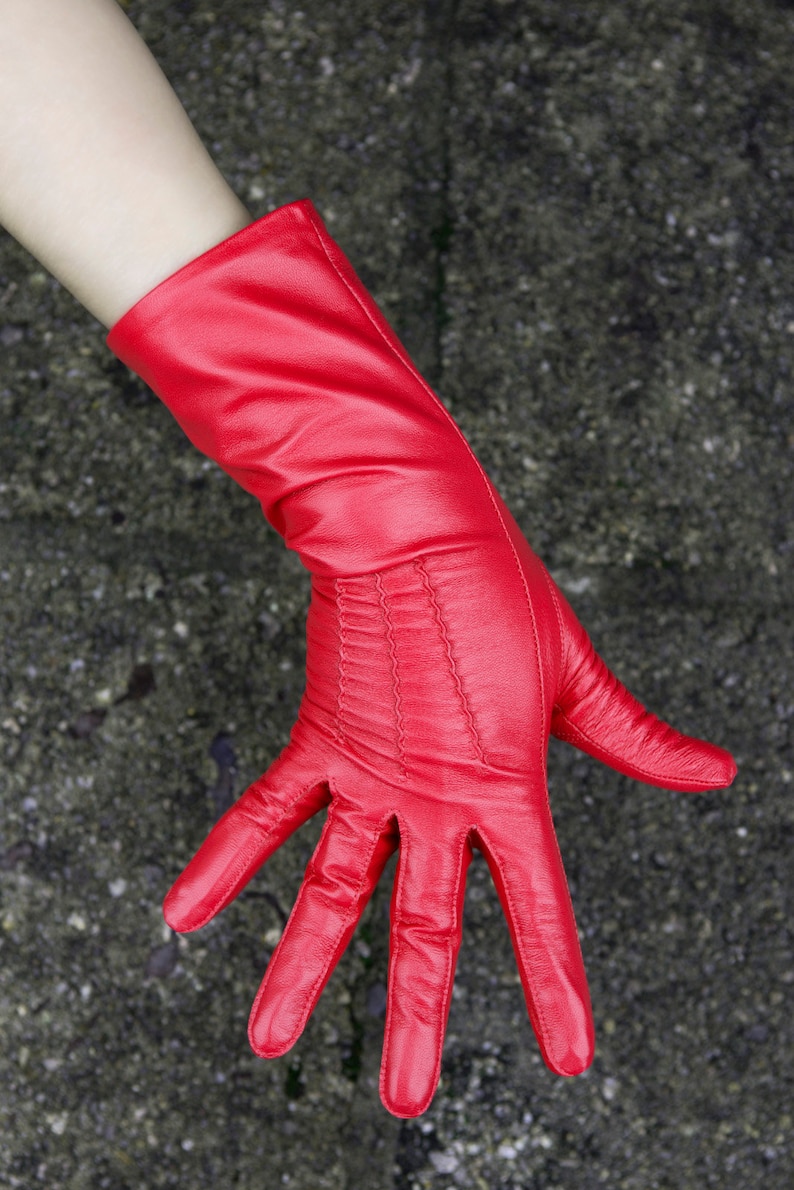 Red Mid Length Leather Gloves | Etsy