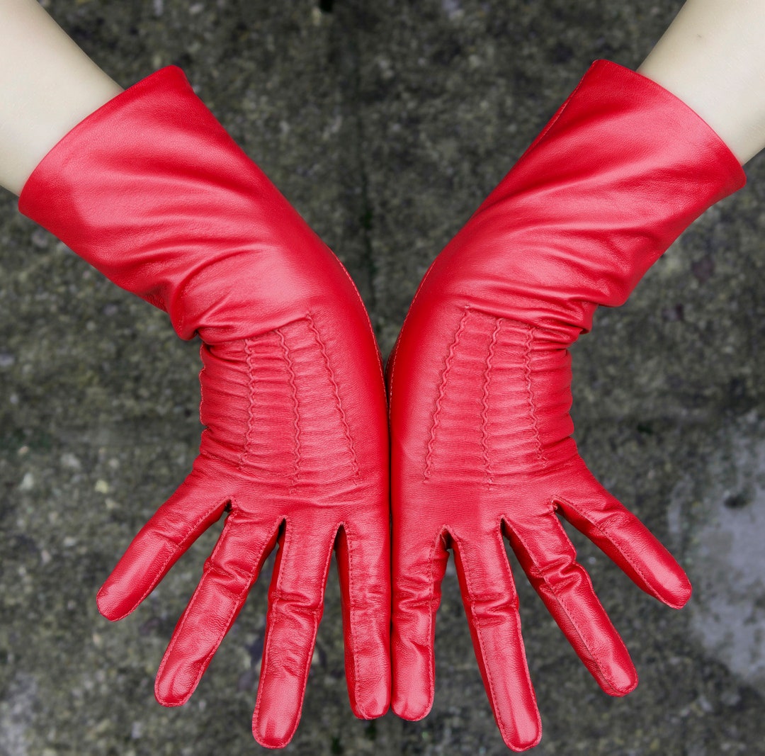 Red Mid Length Leather Gloves - Etsy
