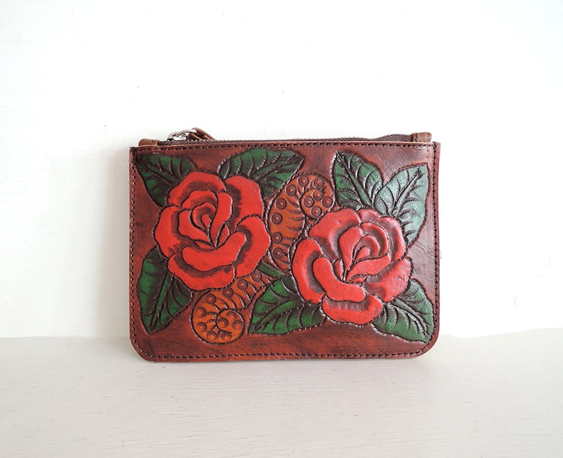 TOOLED LEATHER PURSE in Hand Painted Red Roses / Leather Bag - Etsy