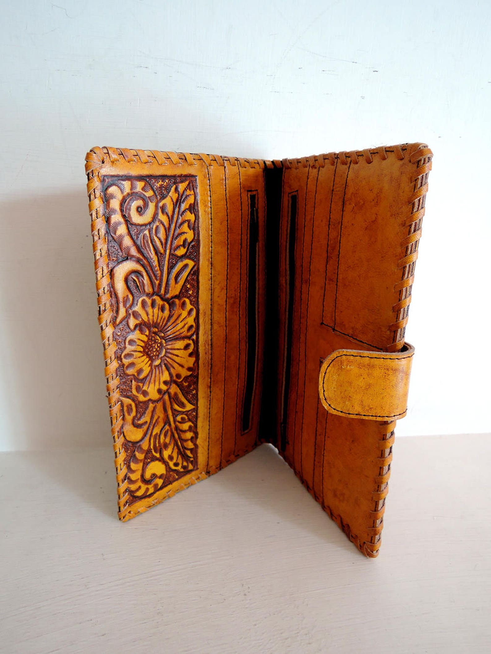 HAND TOOLED LEATHER Wallet. Vintage Camel Wallet for Women in - Etsy
