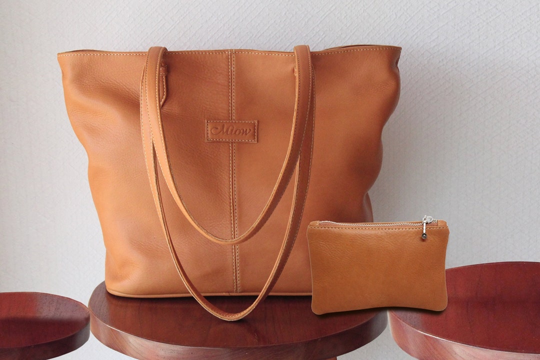 TAN LEATHER TOTE Bag W/ 2 Zipper Top, Tan Overnight Weekender Leather ...