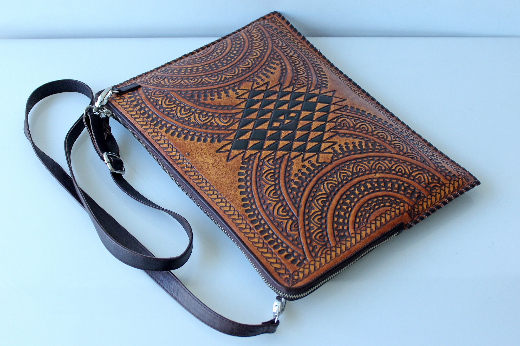TOOLED LEATHER BAG, Mandala Circle Bag, Tan Leather Document Holder ...