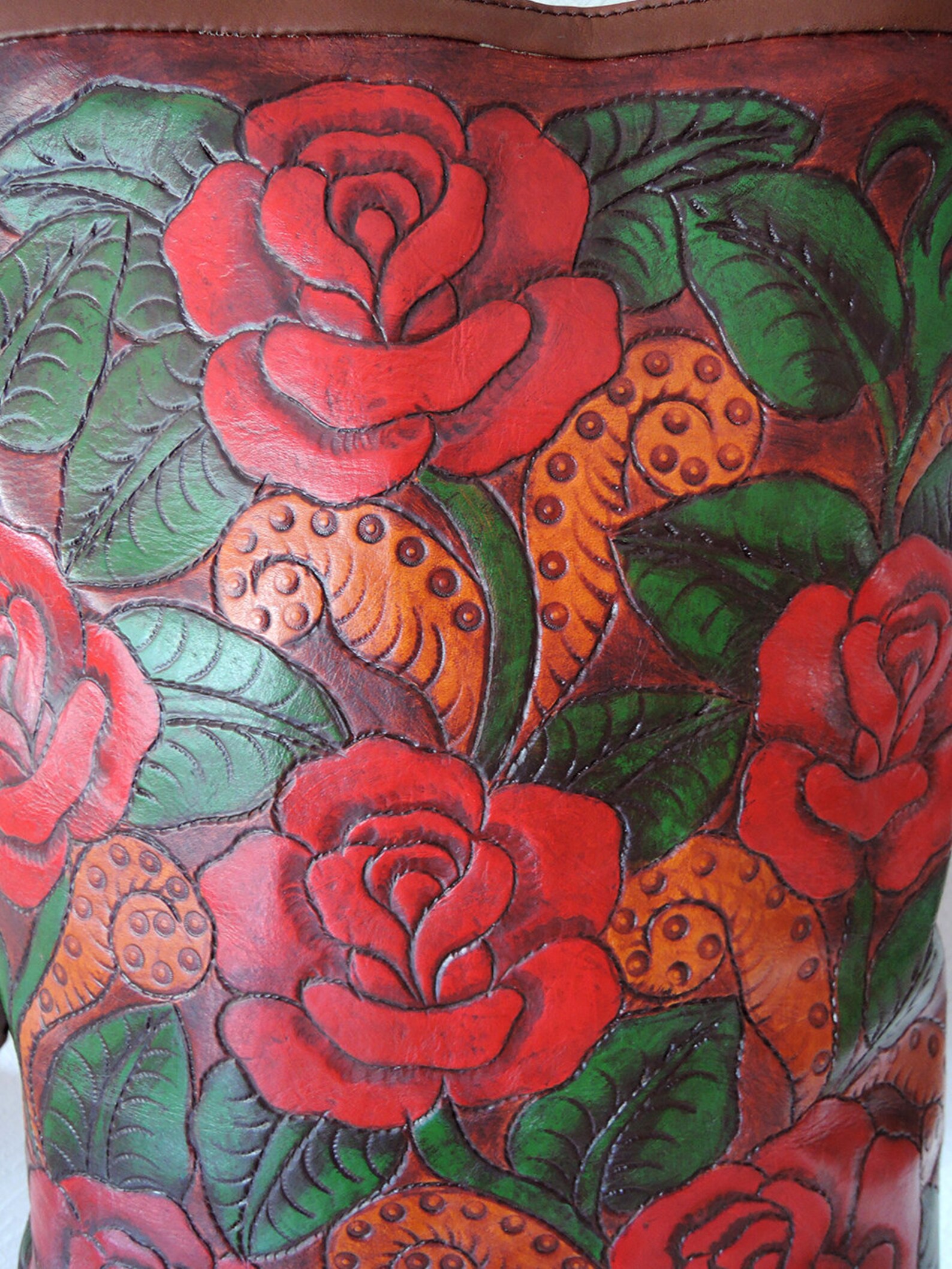 TOOLED LEATHER PURSE in Hand Painted Red Roses / Leather Bag W/ Hand ...
