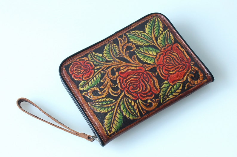 TOOLED LEATHER WALLET Roses Hand Painted Leather Purse | Etsy