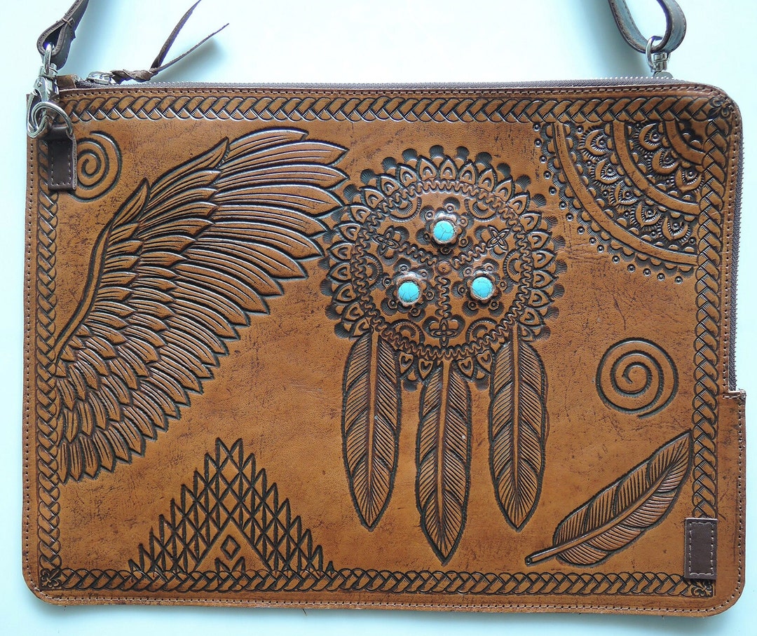 MacBook PRO CASE Hand Tooled Leather in Dream Catcher Feathers Leather ...