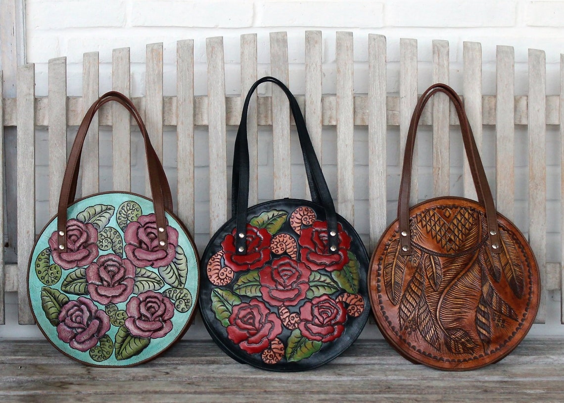 TRIBAL LEATHER BAG, Feather Bag, Round Bag, Circle Bag, Tooled Leather ...