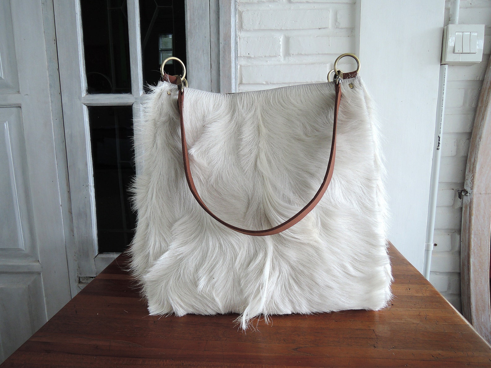 LARGE COW HIDE Purse With Zipper White Hair on Hide Handbag | Etsy