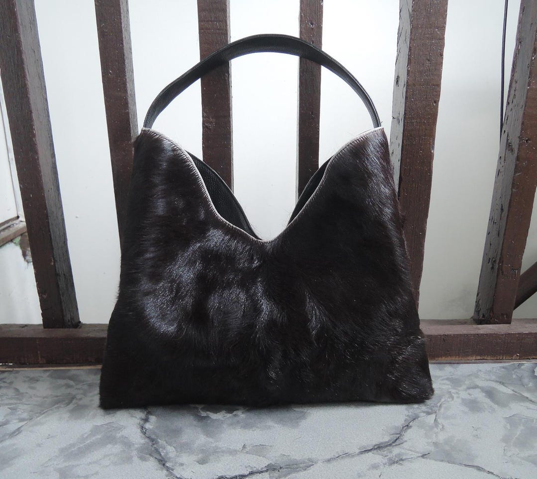 FUR ON LEATHER Shoulder Bag Cow Hide Western Leather Bag Black Hobo Bag ...