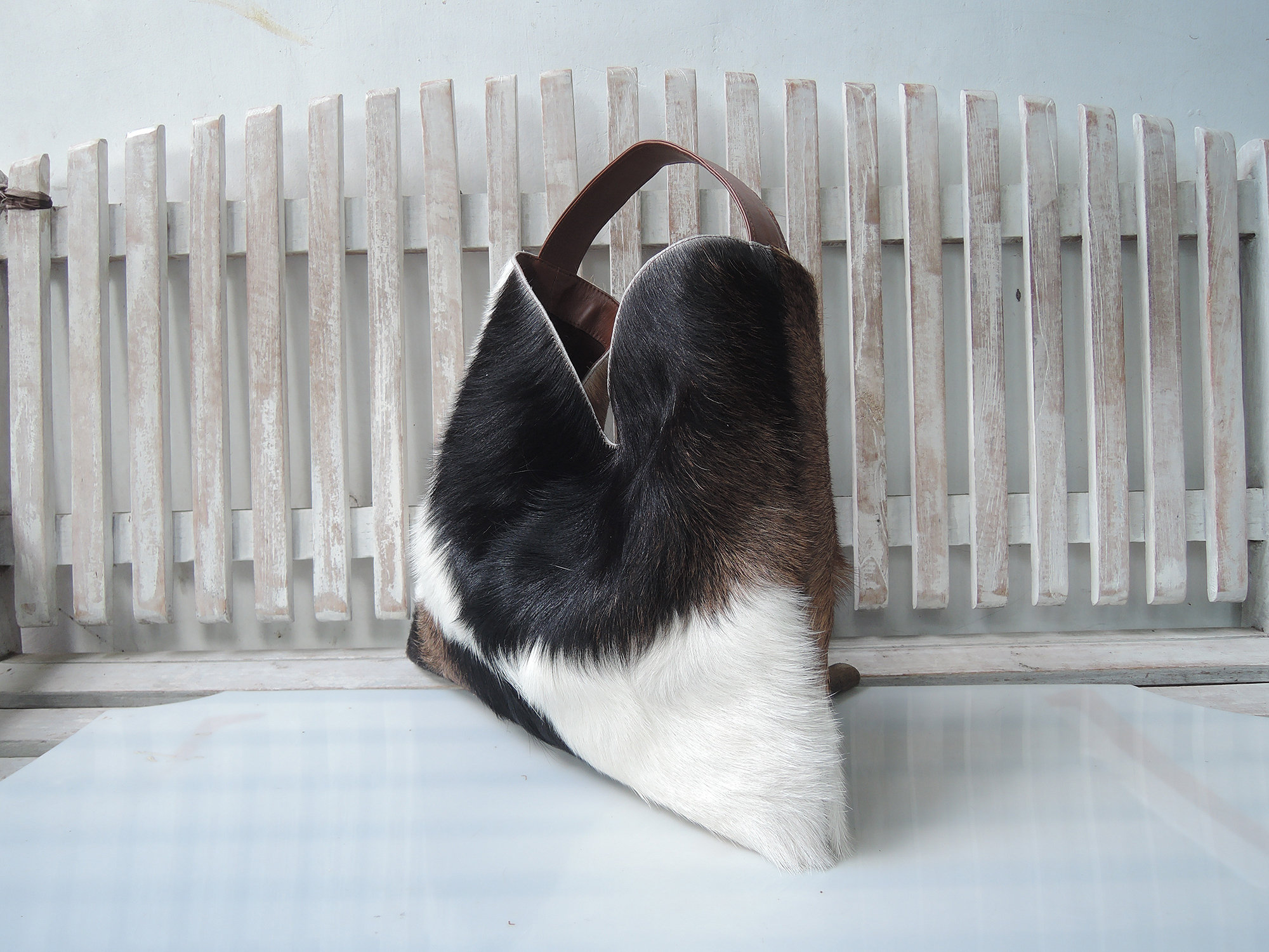 FUR ON LEATHER Shoulder Bag Cow Hide Western Leather Bag Black Hobo Bag ...