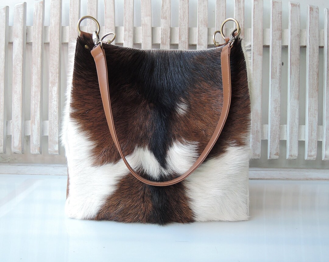 LARGE COW HIDE Purse With Zipper Brown White Hair on Hide Handbag ...