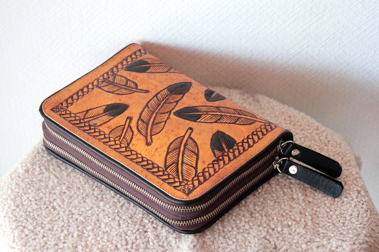 DOUBLE ZIPPER WALLET in Tribal Handtooled Leather. Women's - Etsy