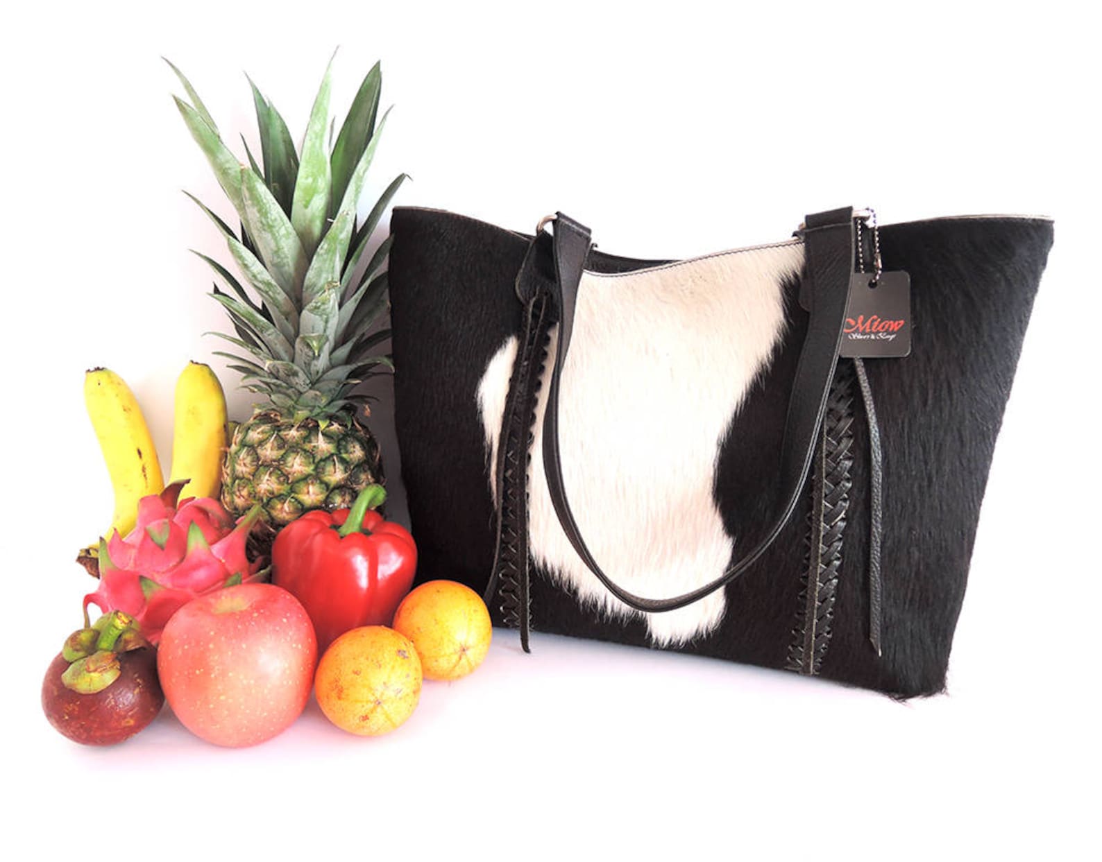 COWHIDE BAG in Black White Hair on Hide. Large Weekend Tote - Etsy