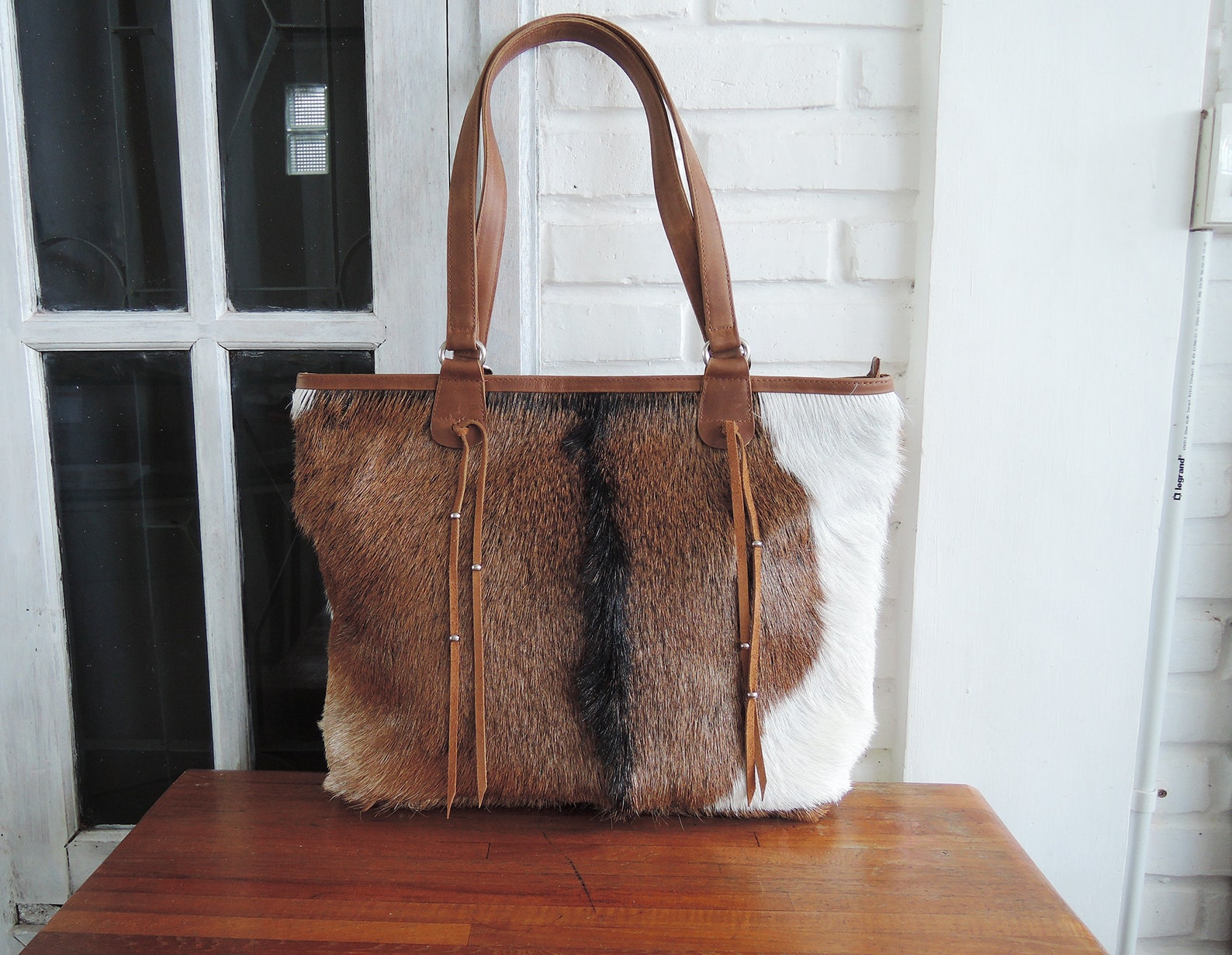 COWHIDE PURSE in Brown White Cowhide Market Bag Cowhide Tote | Etsy