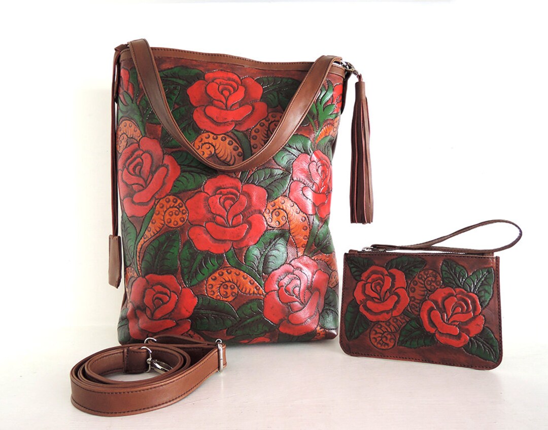 TOOLED LEATHER PURSE in Hand Painted Red Roses / Leather Bag W/ Hand ...