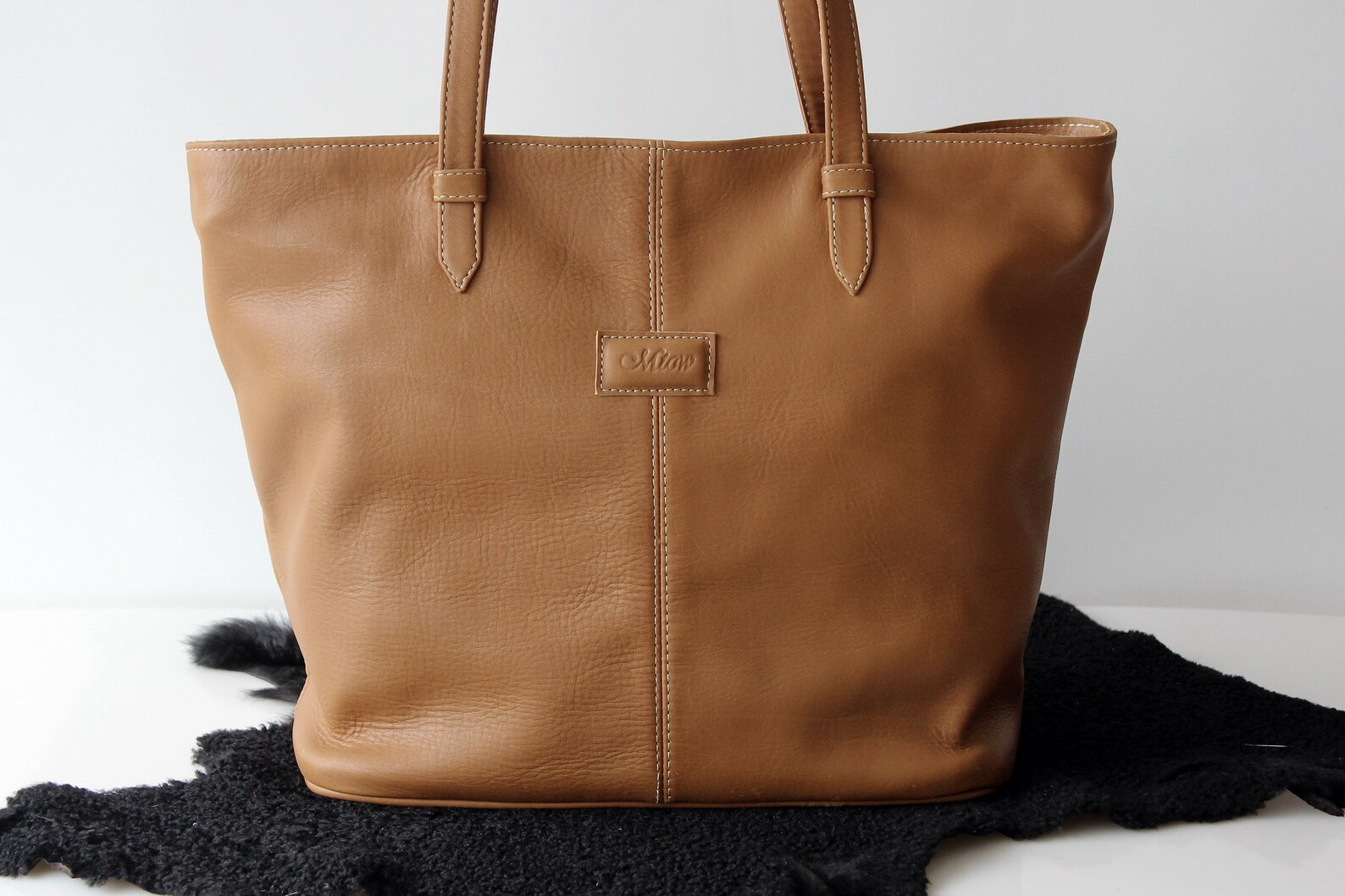 TAN LEATHER TOTE Bag W/ 2 Zipper Top, Tan Overnight Weekender Leather ...