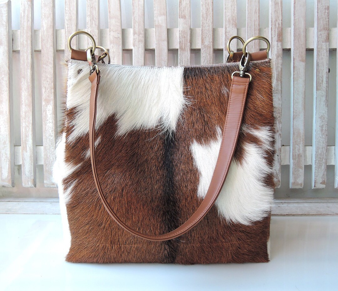 LARGE COW HIDE Purse With Zipper Brown White Hair on Hide Handbag ...