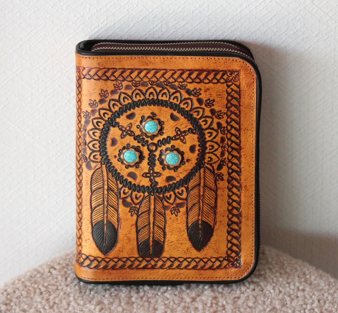 DOUBLE ZIPPER WALLET in Tribal Handtooled Leather. Women's Clutch With ...