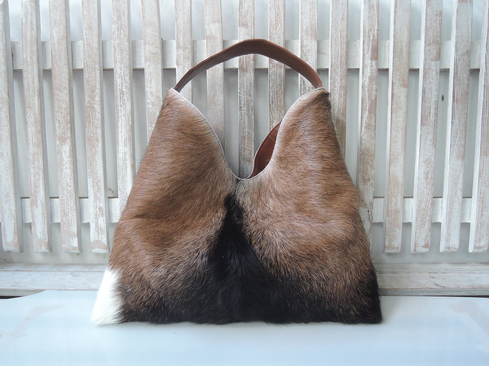 FUR ON LEATHER Shoulder Bag Cow Hide Western Leather Bag Black Hobo Bag ...