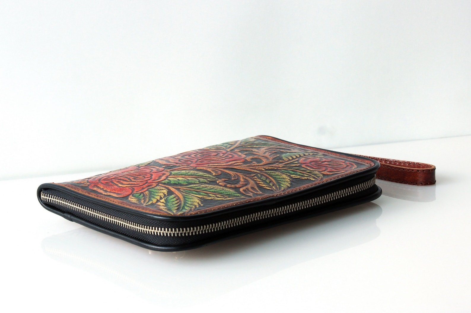 TOOLED LEATHER WALLET Roses Hand Painted Leather Purse | Etsy