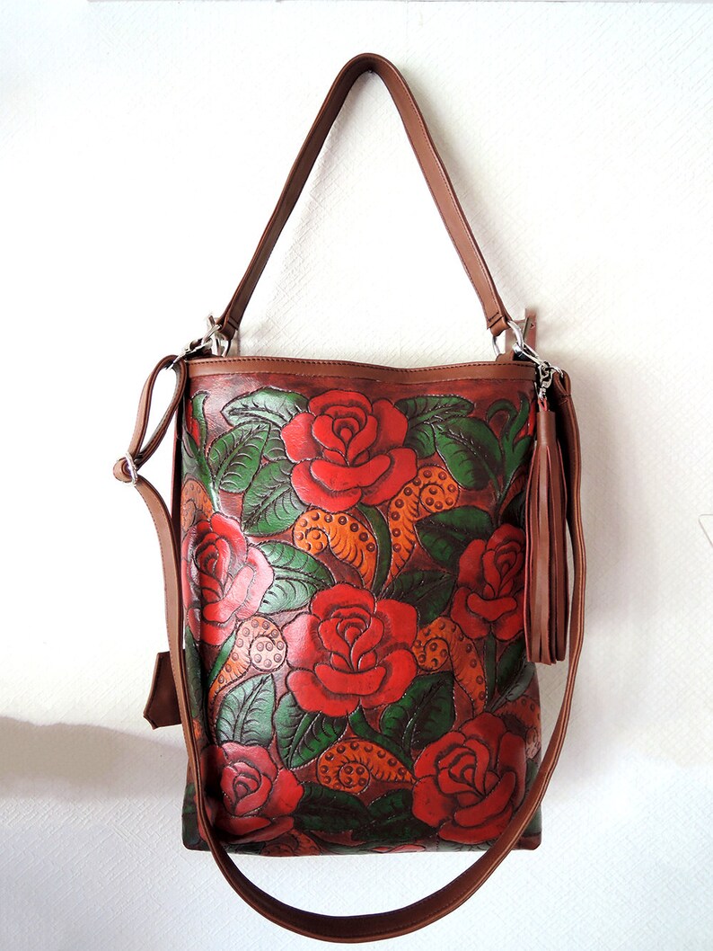 TOOLED LEATHER PURSE in Hand Painted Red Roses / Leather Bag - Etsy
