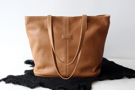 TAN LEATHER TOTE Bag W/ 2 Zipper Top Tan Overnight Weekender - Etsy