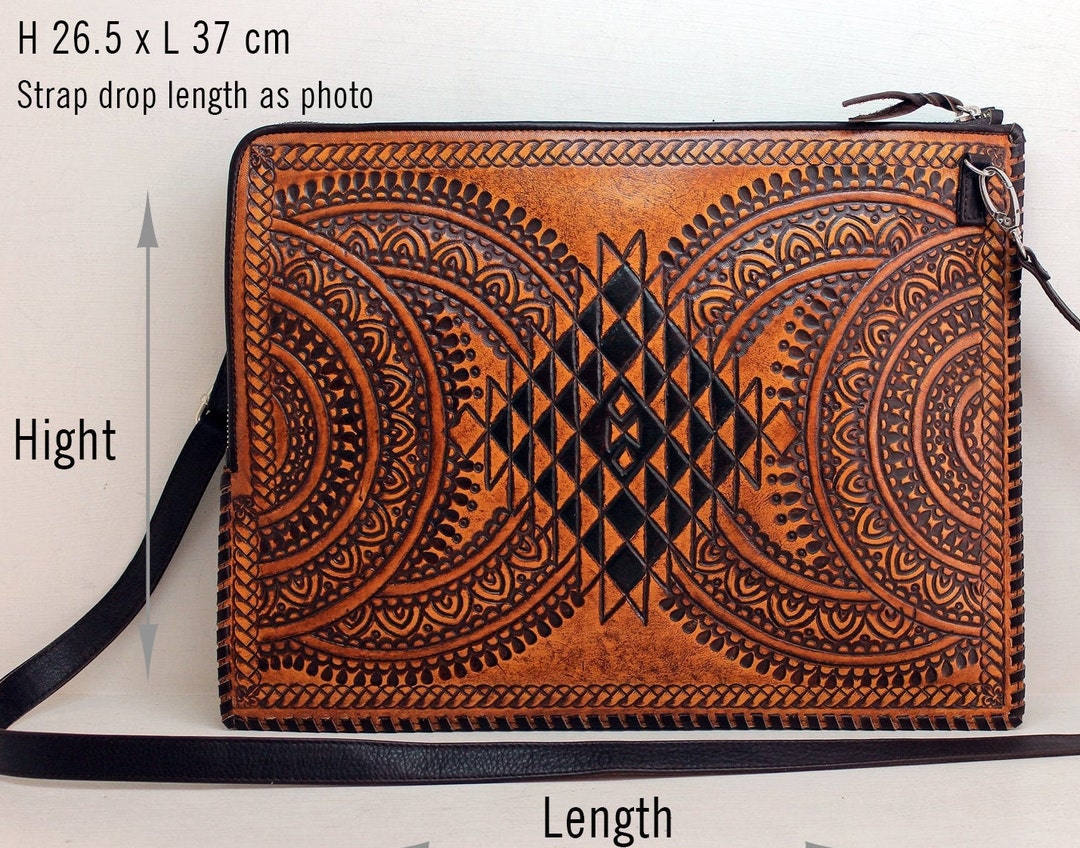 TOOLED LEATHER BAG, Mandala Circle Bag, Tan Leather Document Holder ...