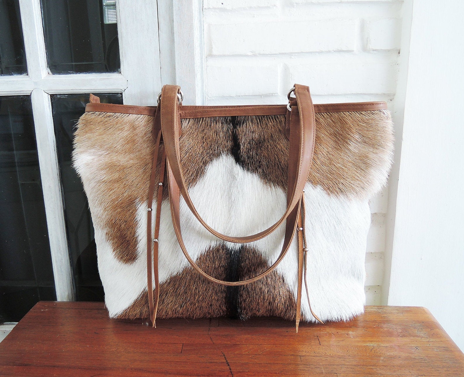 COWHIDE PURSE in Brown White Cowhide Market Bag Cowhide Tote | Etsy