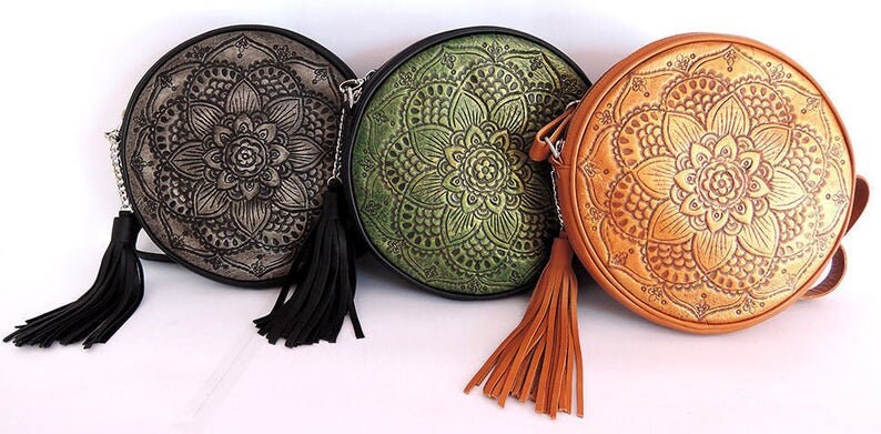 BLACK GREY ROUND Leather Handtooled Mandala Florals - Etsy
