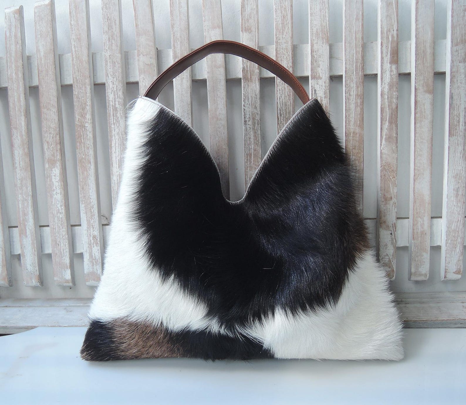 FUR ON LEATHER Shoulder Bag Cow Hide Western Leather Bag Black Hobo Bag ...