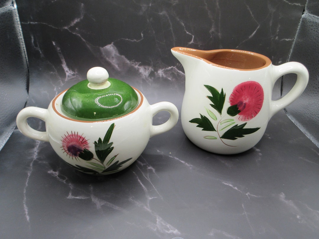 STANGL Pottery - Pink Thistle Pattern Creamer & Sugar With Lid ~ Very ...