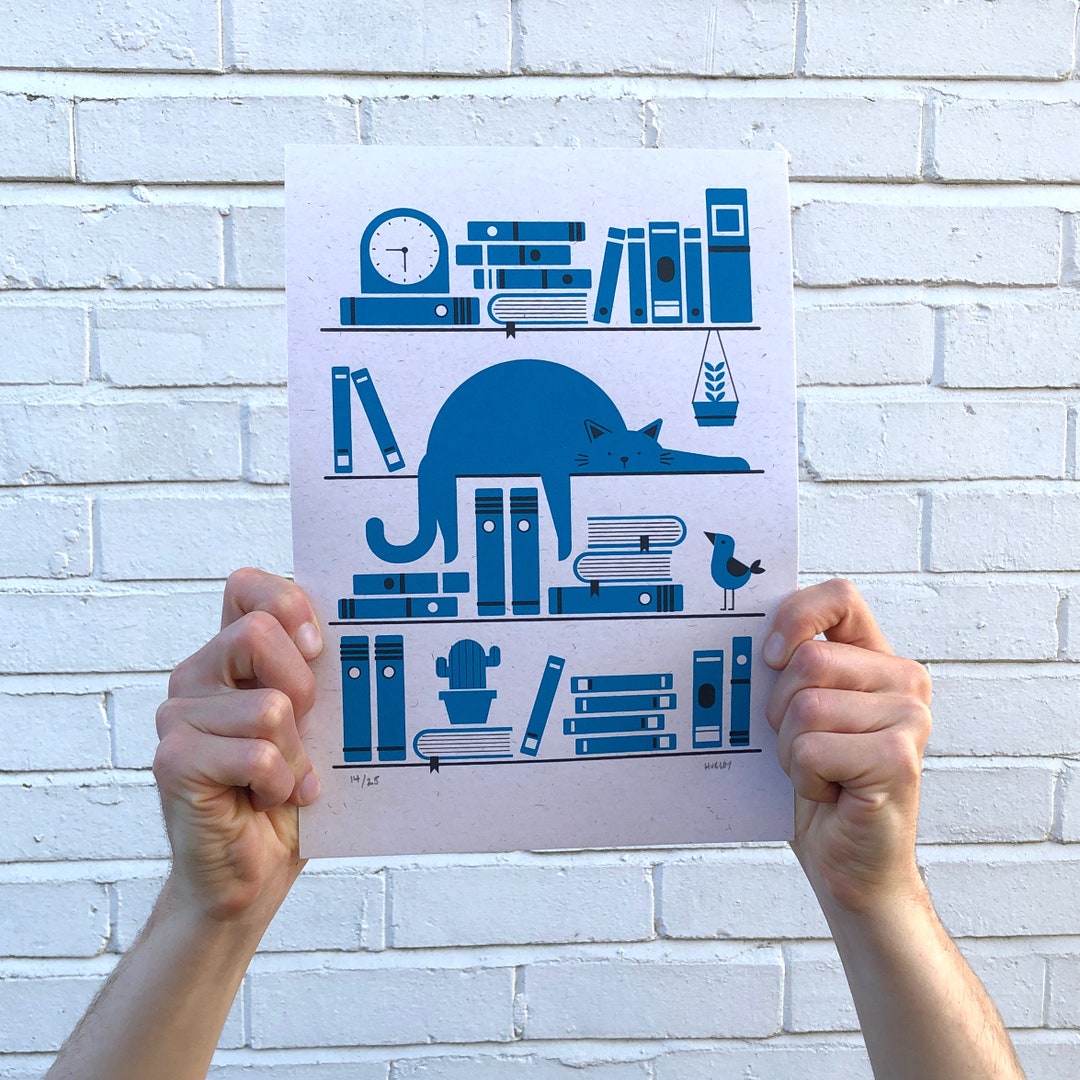 Bookshelf - Lazy Cat Print | Screen Printed Cat Silk Screen Poster ...