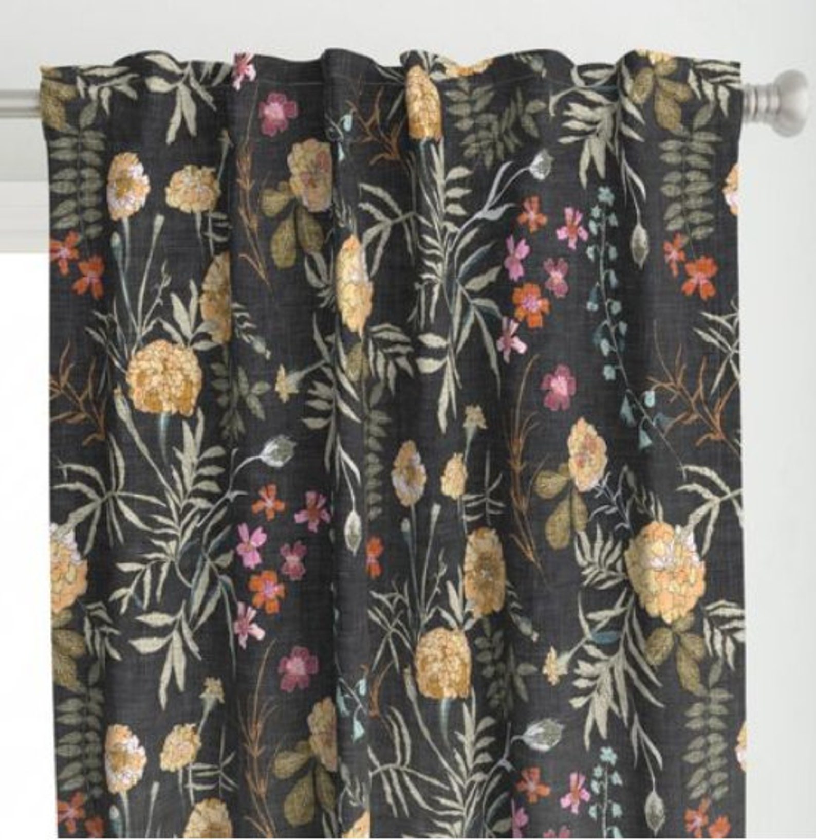 One (1) Curtain Panel Cotton "marigold Love Charcoal" - 54" Wide ...