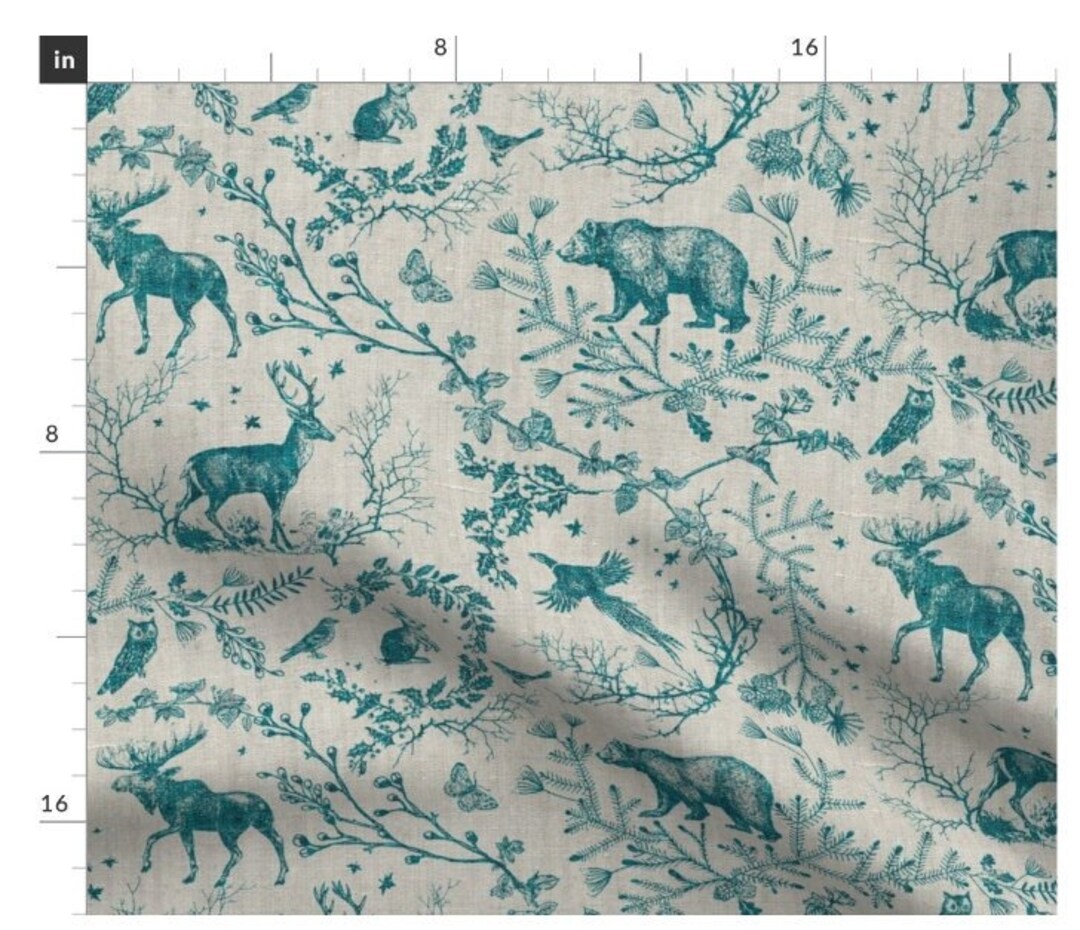 Table Linens "winter Woodland Toile Teal Burlap" Cotton Fabric ...