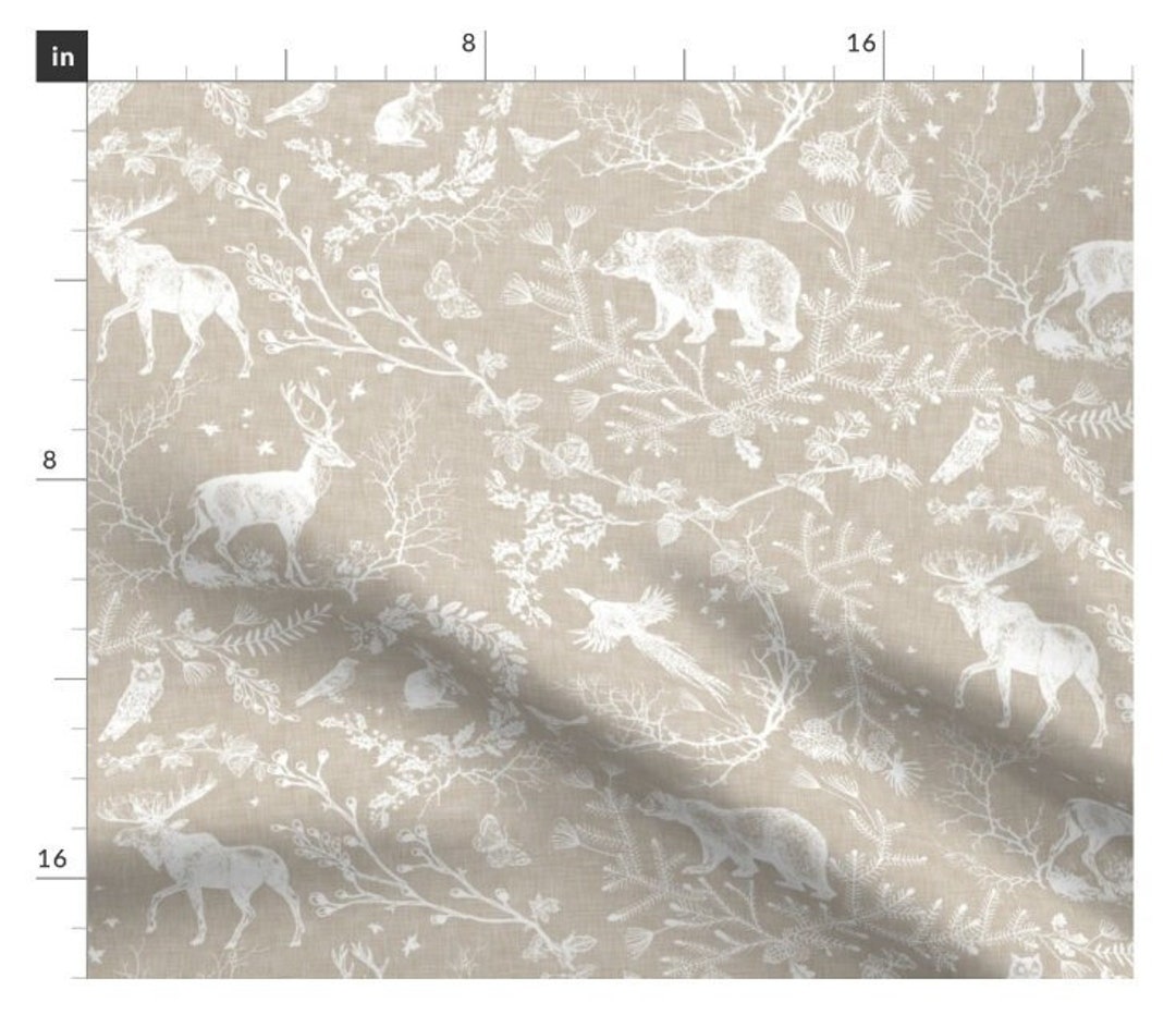 Table Linens "winter Woodland Toile Beige Linen" Cotton Fabric ...