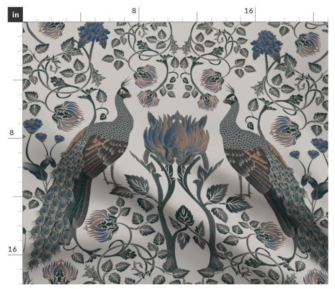 One (1) Curtain Panel - "peacocks and Flowers on Grey" - 50 Inch Wide ...