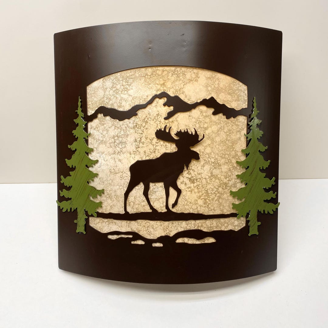 Rustic Moose With Painted Pine Wall Sconce - Frosted Amber Glass ...