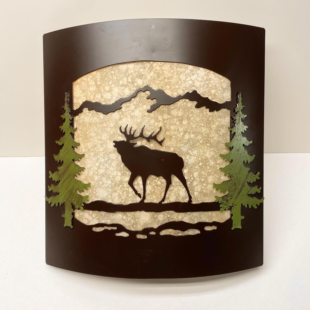 Rustic Elk With Hand Painted Pine Tree Wall Sconce - Frosted Amber ...