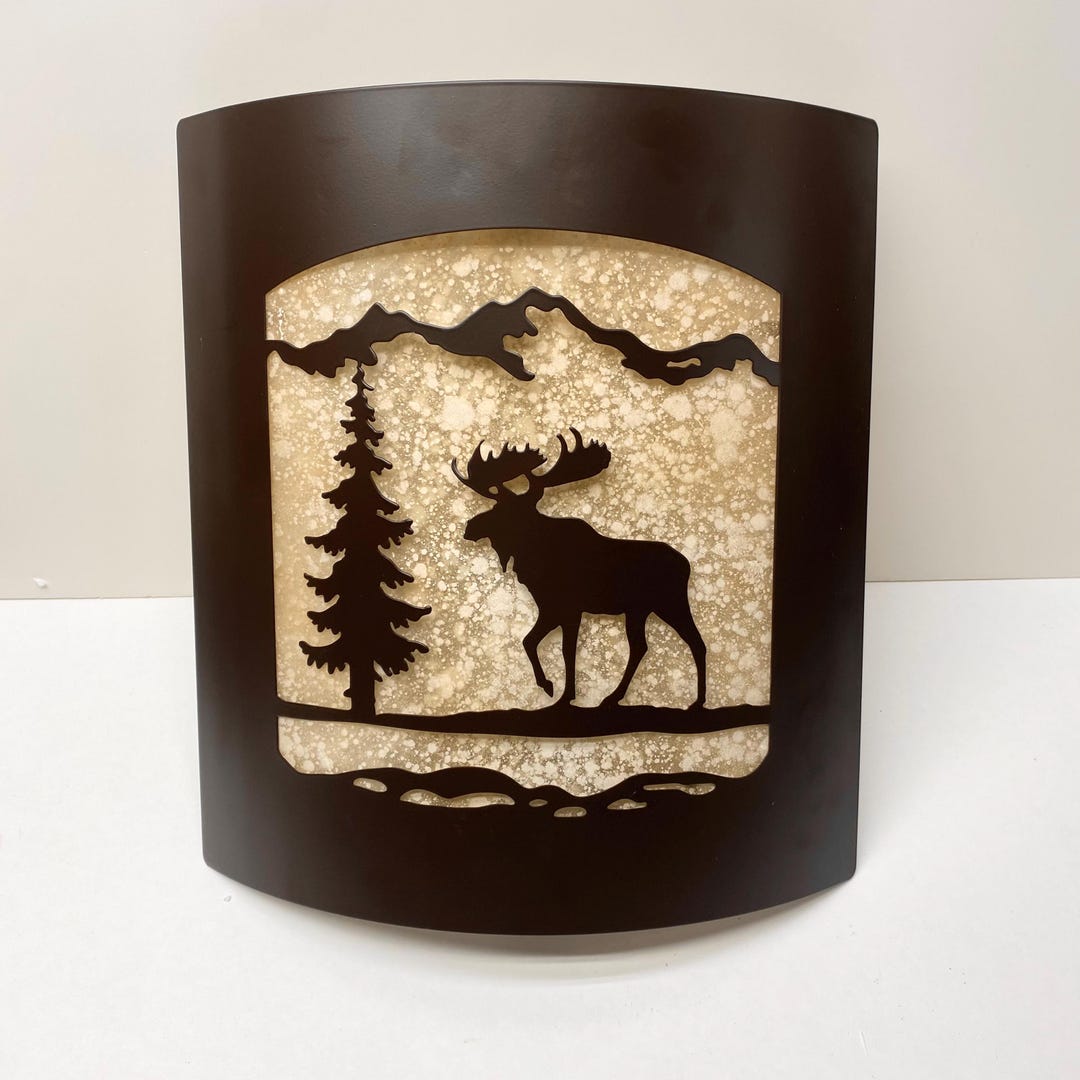Rustic Moose With Pine Tree Wall Sconce – Frosted Amber Glass & Bronze ...