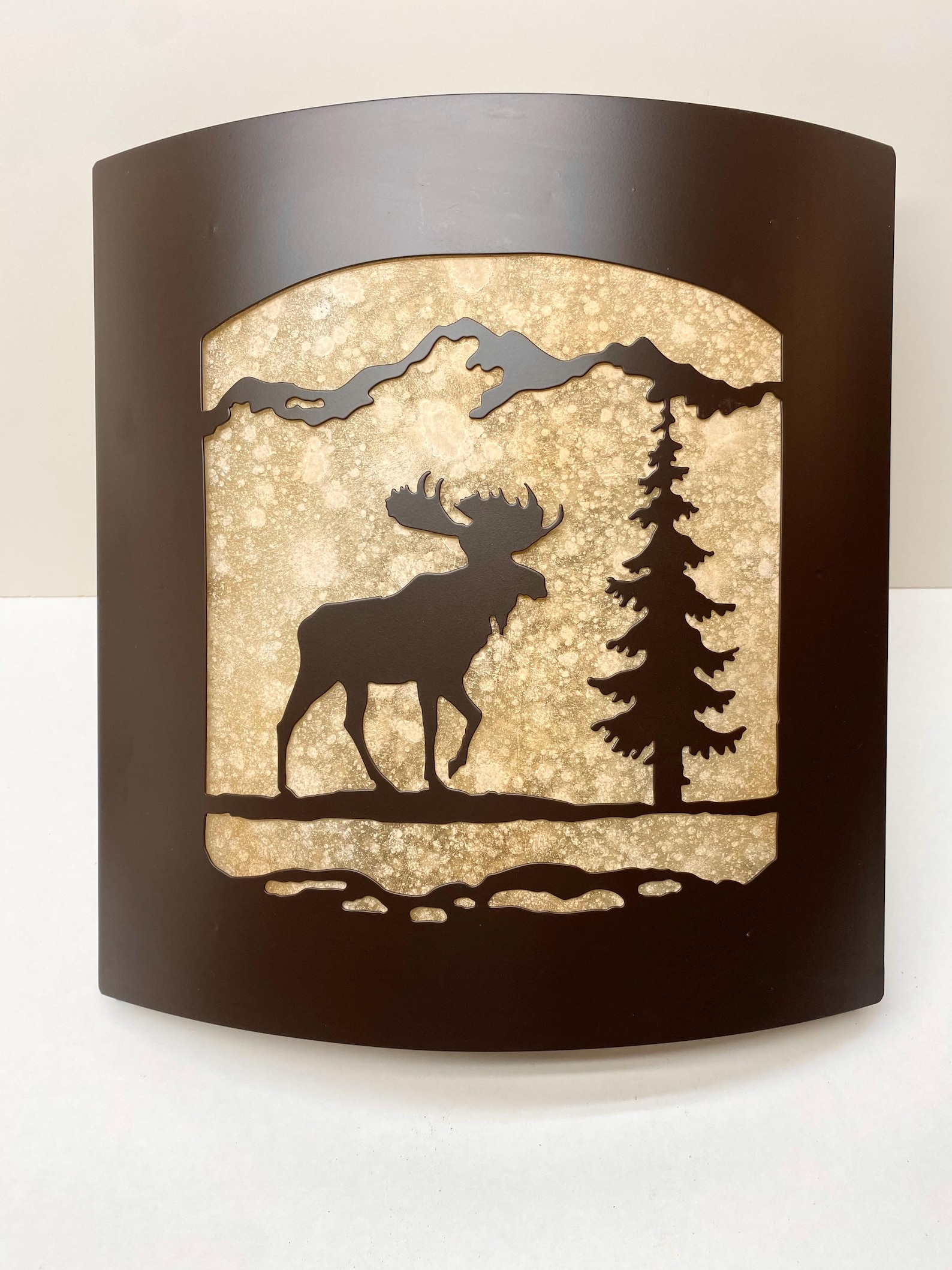 Rustic Moose With Pine Tree Wall Sconce – Frosted Amber Glass & Bronze ...