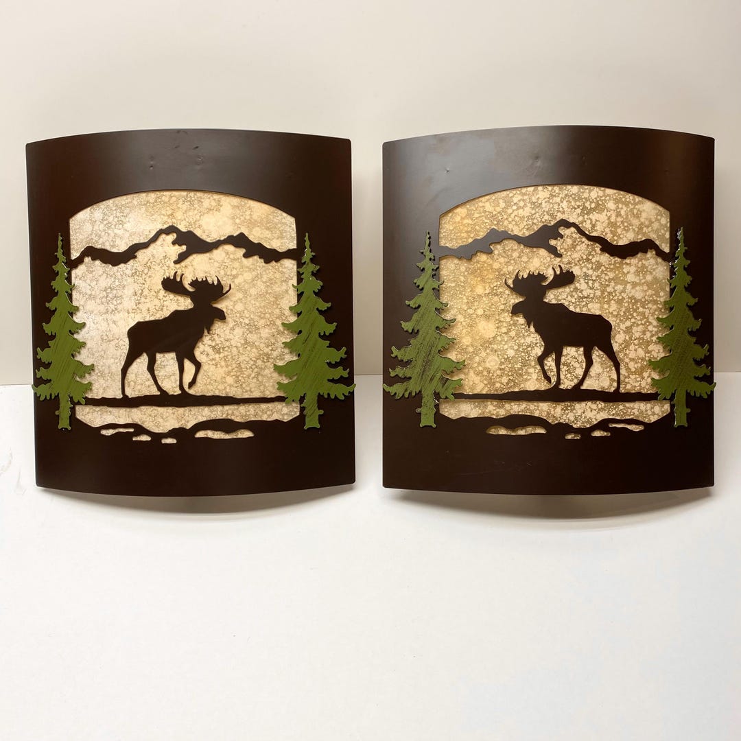 Rustic Moose With Hand Painted Pine Wall Sconce Pair - Frosted Amber ...