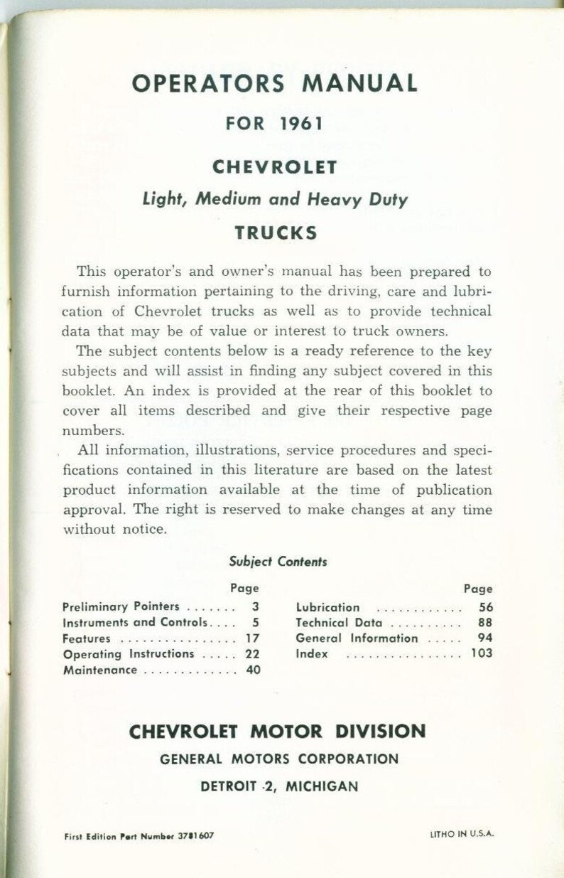 Softcover Book: chevrolet 1961 Truck Operator's Guide 104 Pages - Etsy