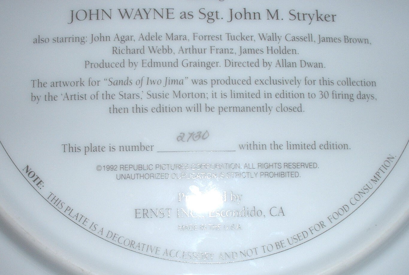 John Wayne USMC US Marine Corps Tarawa "sands of Iwo Jima" Collector ...