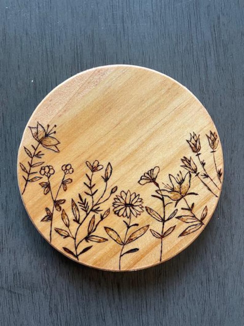 Wood Burned Coasters Flower Garden, Set of 4, Wood Burned, Housewarming ...
