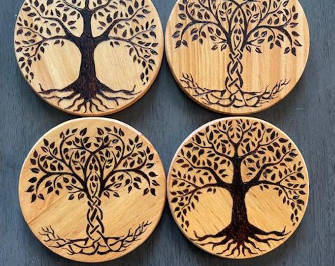 Wood Burned Tree of Life Coaster Set, Set of 4, Coasters, Tree of Life ...