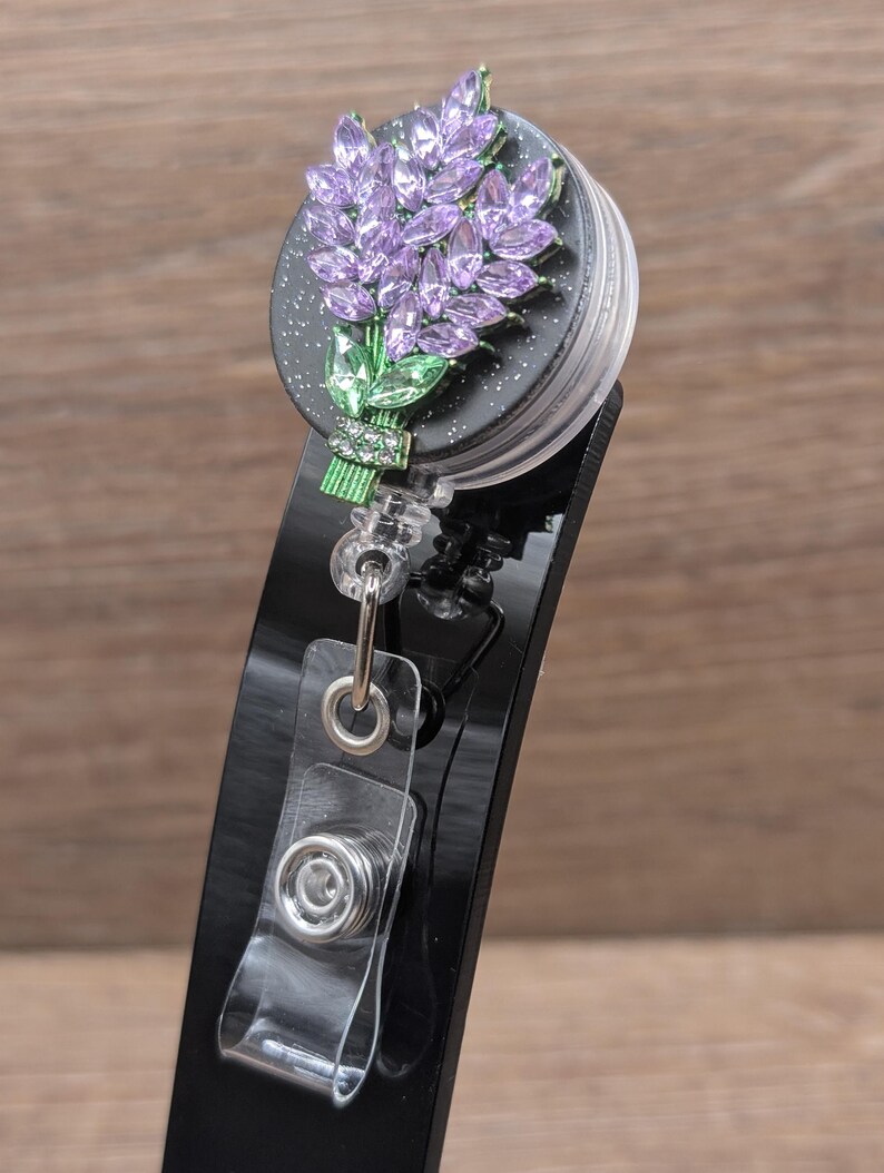 Lavender Rhinestone Purple Lilac Flower Retractable ID Badge Reel Lapel ...