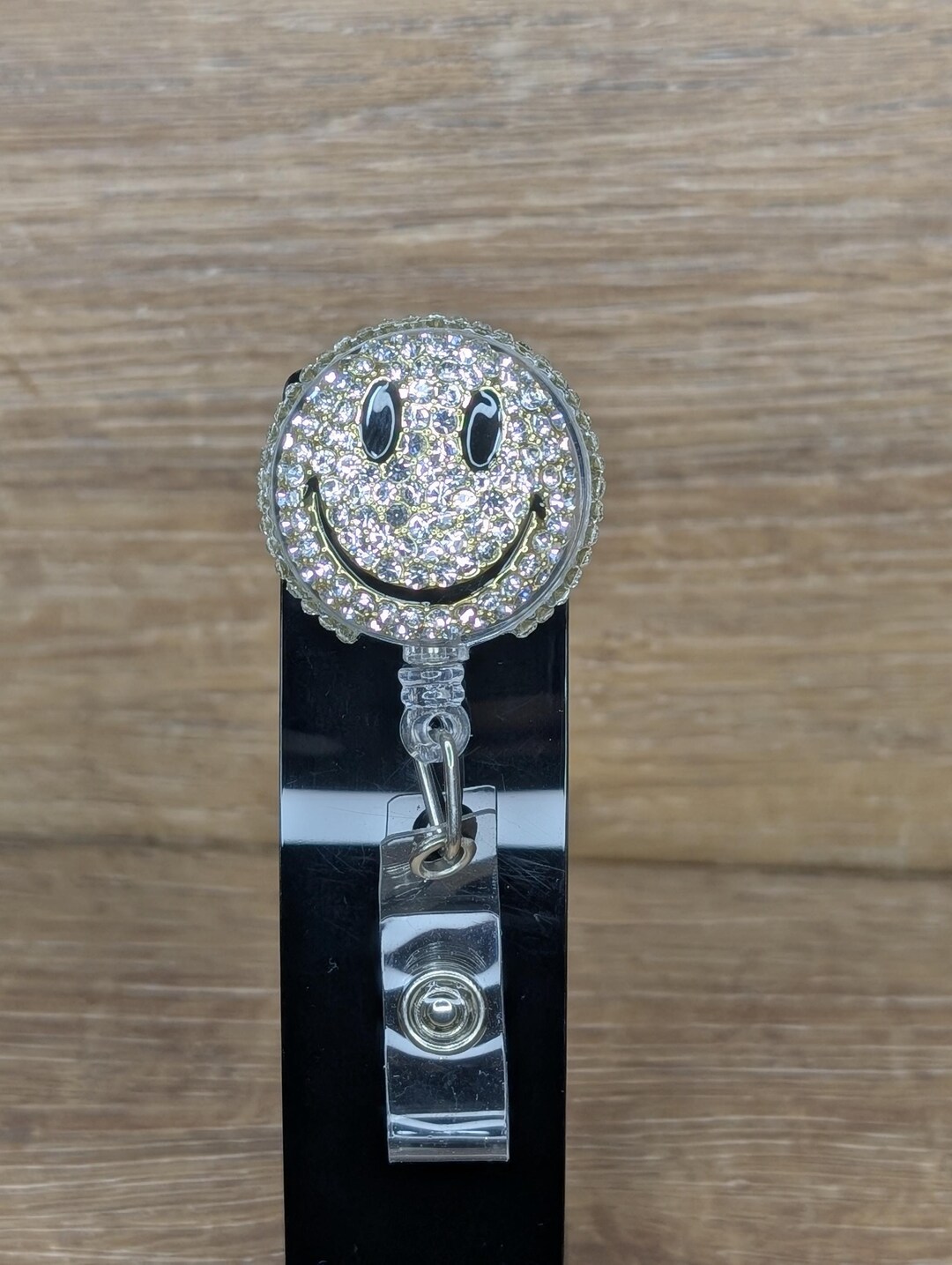 Shiny Rhinestone Smiley Happy Face Retractable ID Badge Reel Doctors ...