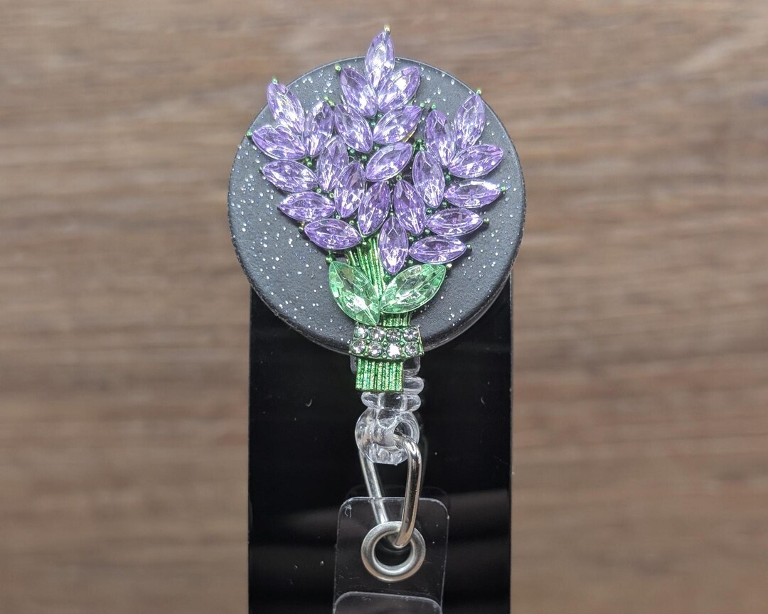 Lavender Rhinestone Purple Lilac Flower Retractable ID Badge Reel Lapel ...