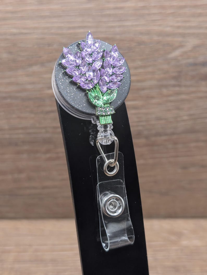 Lavender Rhinestone Purple Lilac Flower Retractable ID Badge Reel Lapel ...