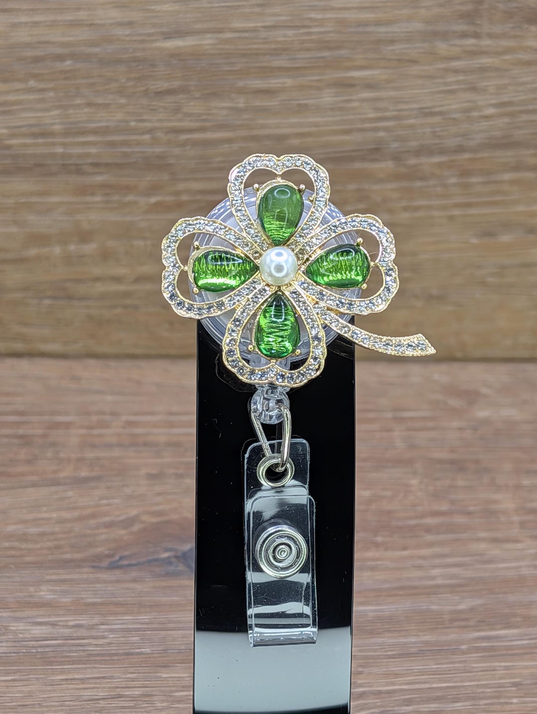 Good Luck Four-leaf Clover Shiny Cristals Rhinestones ID Badge Reel ...