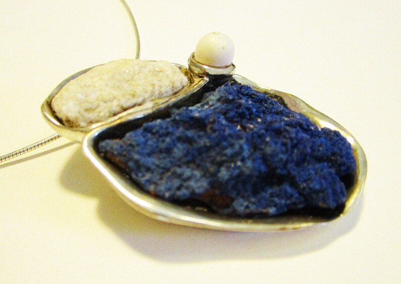 Azurite Crystals With Quartzite and White Pearl Sterling Silver Pendant ...